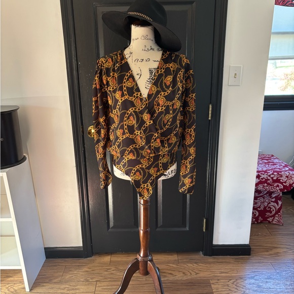 Zara | Tops | Zara Black And Gold Chain Patterned Bodysuit Blouse ...